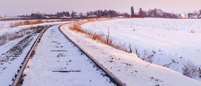 Railroad Tracks in Snow, Winter Landscape Stock Image - Image of sunny, outside: 216524691