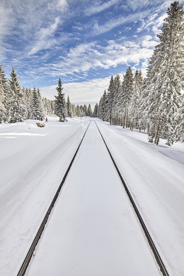 Railroad Tracks In Winter Snow Stock Photo - Image of cold, scene: 81647960