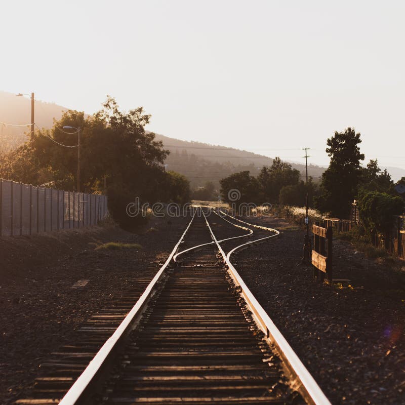 Railroad tracks at sunset stock photo. Image of tracks - 192914600