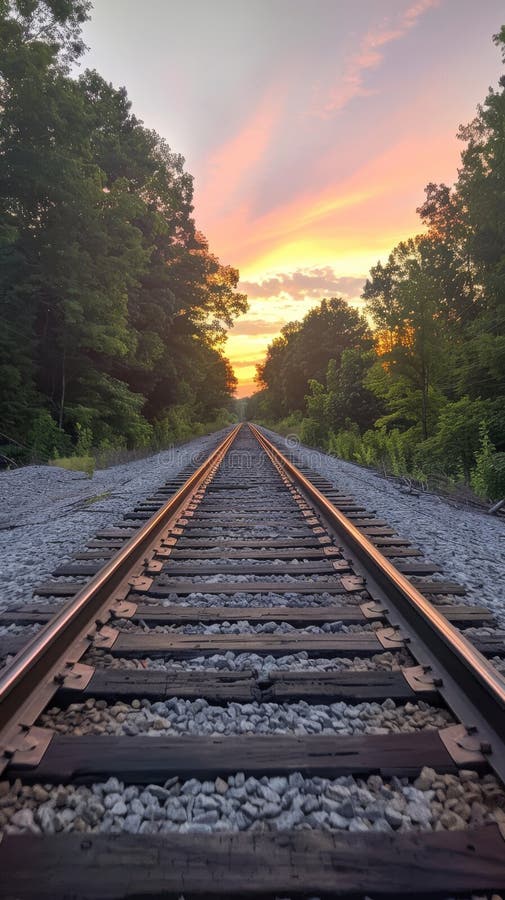 Railroad Tracks at Sunset with Trees on Both Sides Stock Photo - Image ...
