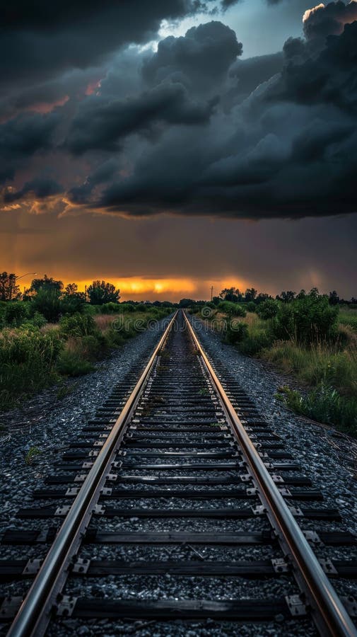 Railroad Tracks at Sunset Under Dramatic Storm Clouds, Nature and ...