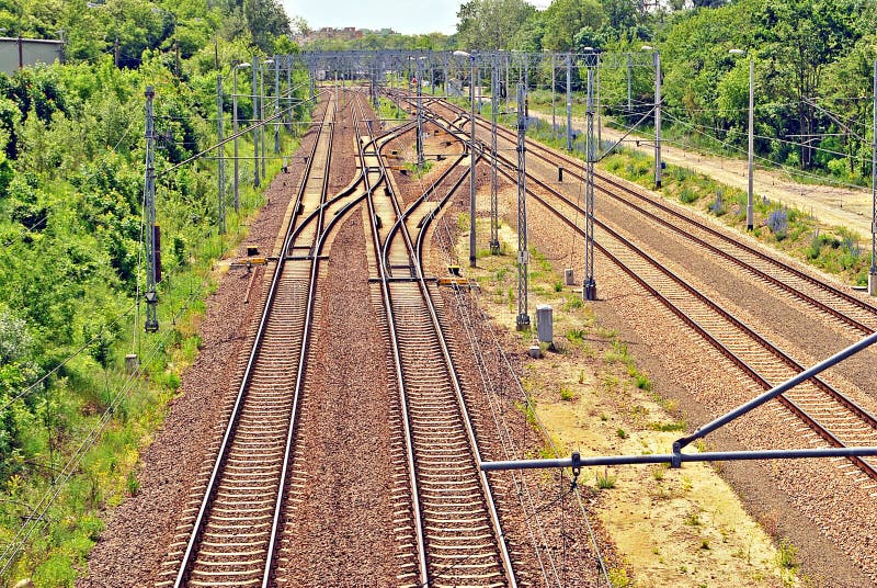 Railroad Tracks with Railroad Switch Two Paths Come Together Stock ...