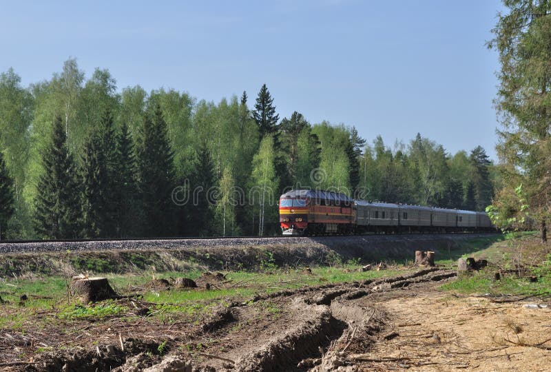 Railroad with Train in Forest Stock Photo - Image of logistics, chug ...