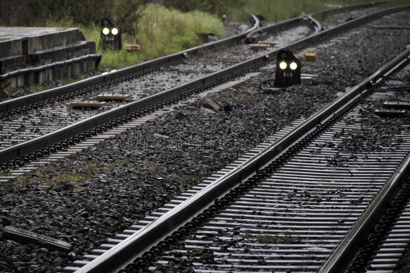 Railroad Train Under the Rain Detail Stock Image - Image of junction ...