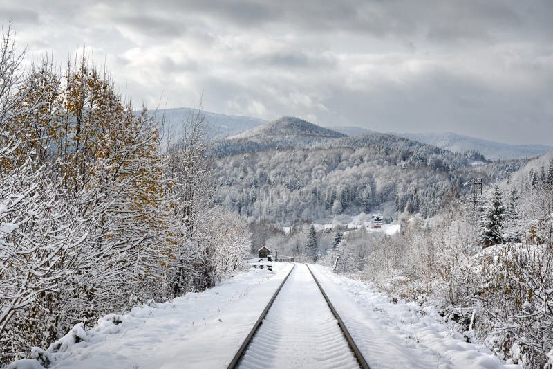 Railroad in Winter Mountains and Snowy Hills Stock Image - Image of ...