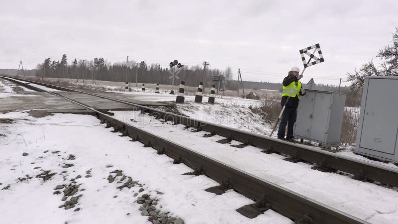 Railroad Worker with Warning Sign on Railway Stock Video - Video of ...
