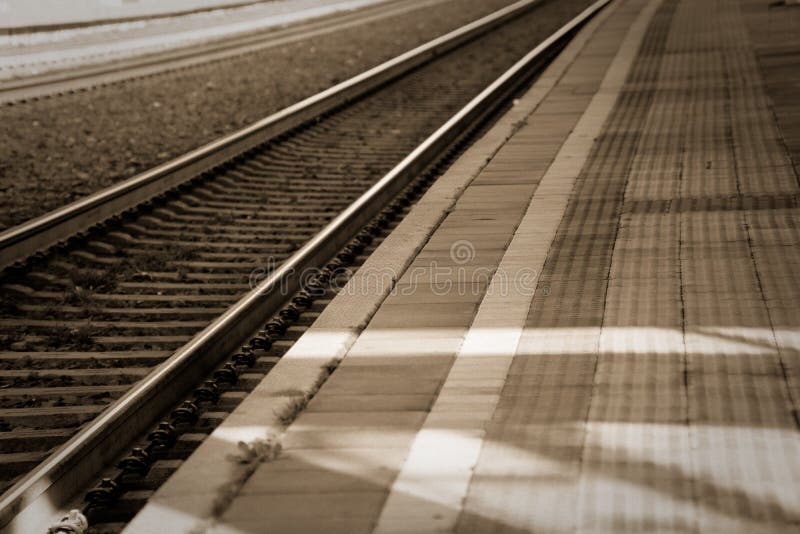 Rails Concept, on Empty Train Platform. Stock Image - Image of sepia ...