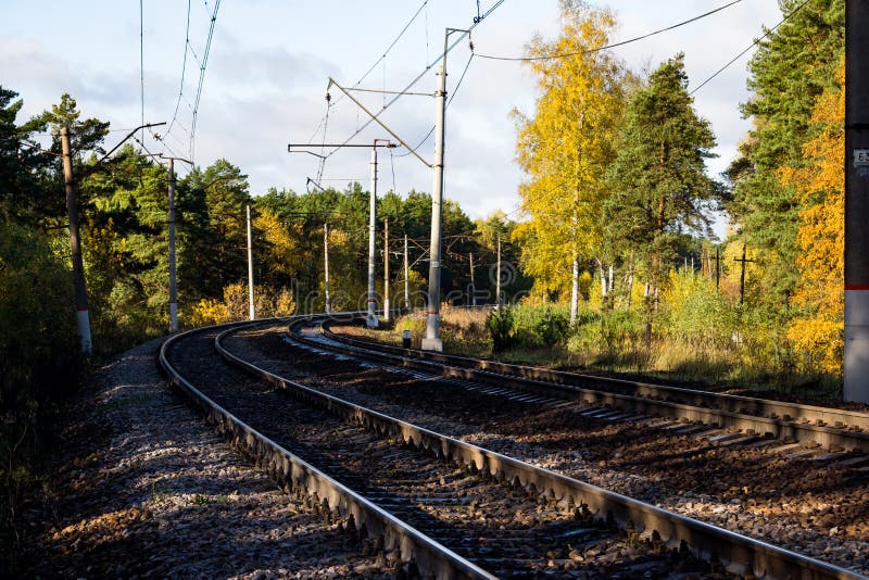 Rails on a Double-track Railway Turning Right Stock Photo - Image of ...