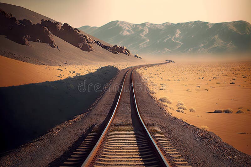 Rails Going into Perspective through Desert Railways Extending into ...