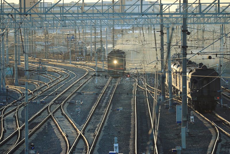 Rails Path with Train at Station Stock Image - Image of perspective ...