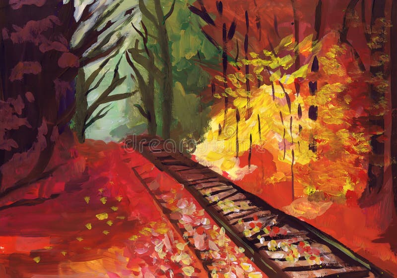 Railway in the Autumn Forest. Children`s Drawing Stock Illustration ...