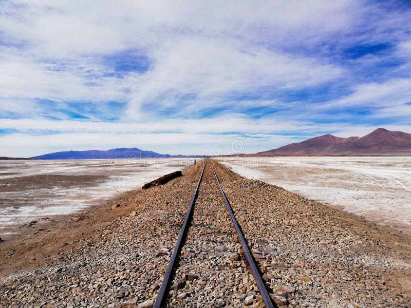 Railway at Bolivia desert stock photo. Image of uyuni - 179910976