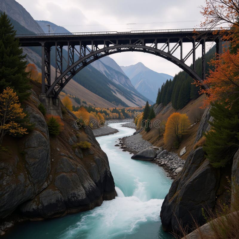 Railway Bridge Over Mountain River Scene Stock Illustration ...