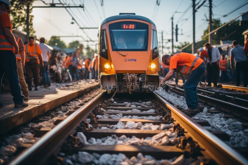 Railway Construction Workers Using a Crane To Lay Tracks on the Site ...