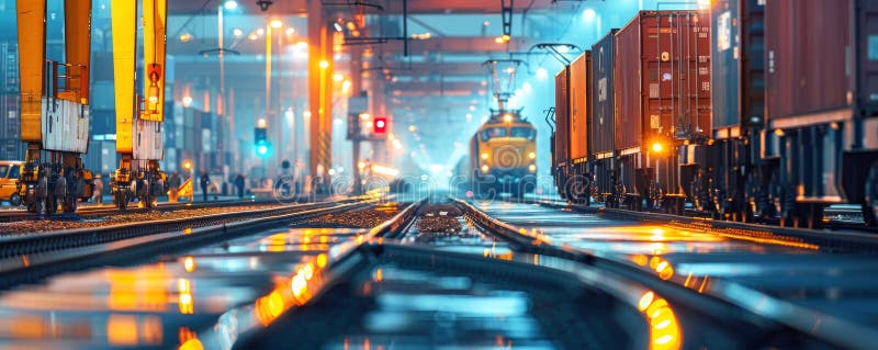 Railway Container Yard with Freight Trains at Night, Illuminated with ...