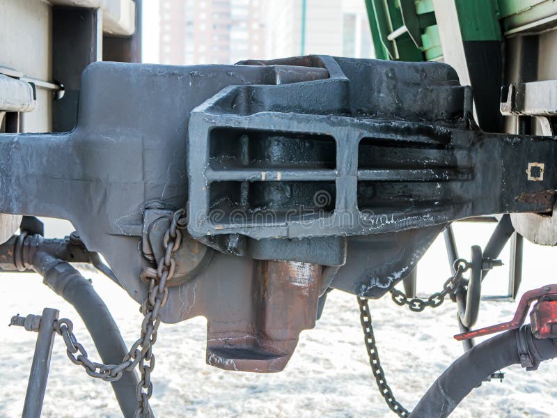 A Railway Coupler between Freight Cars. End View of Coupler, with ...