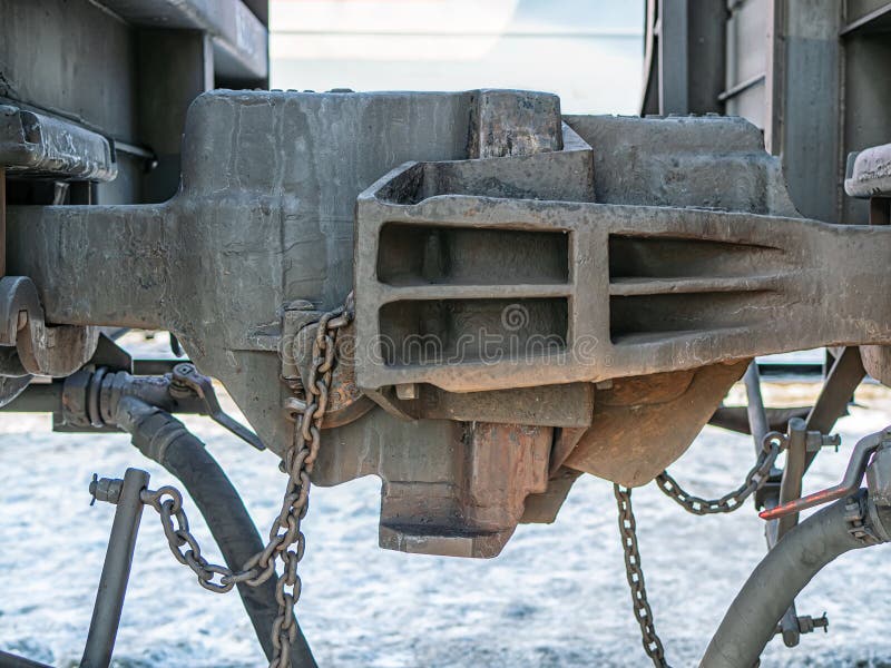 A Railway Coupler between Freight Cars. End View of Coupler, with ...