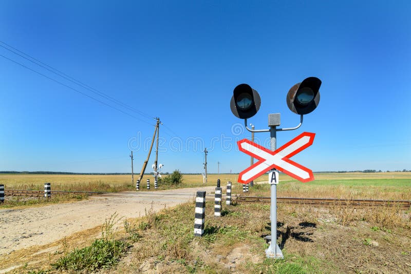 Railway Crossing Equipped with Electric Lights. Stock Image - Image of ...