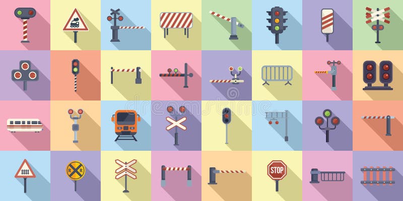 Railway Crossing Icons Set Flat Vector. Signal Alert Stock Illustration ...