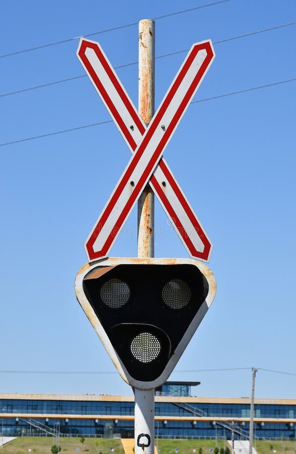 Railway Crossing with Light and Cross Sign Stock Image - Image of ...