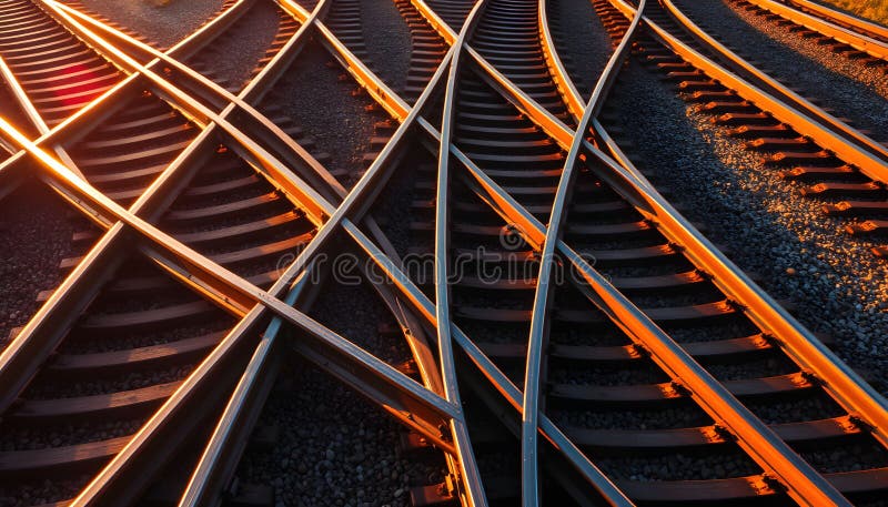 Railway Crossroads: a Symphony of Tracks in Golden Sunlight Stock ...