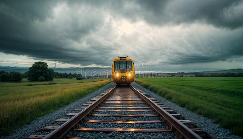 Railway. Front View of a Moving Train in Rainy Weather Stock ...