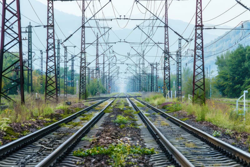 Railway Landscape with Power Lines in the Background, Suitable for Use ...