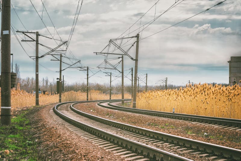 Railway Landscape, Rails Leaving on Turn Away Stock Photo - Image of ...