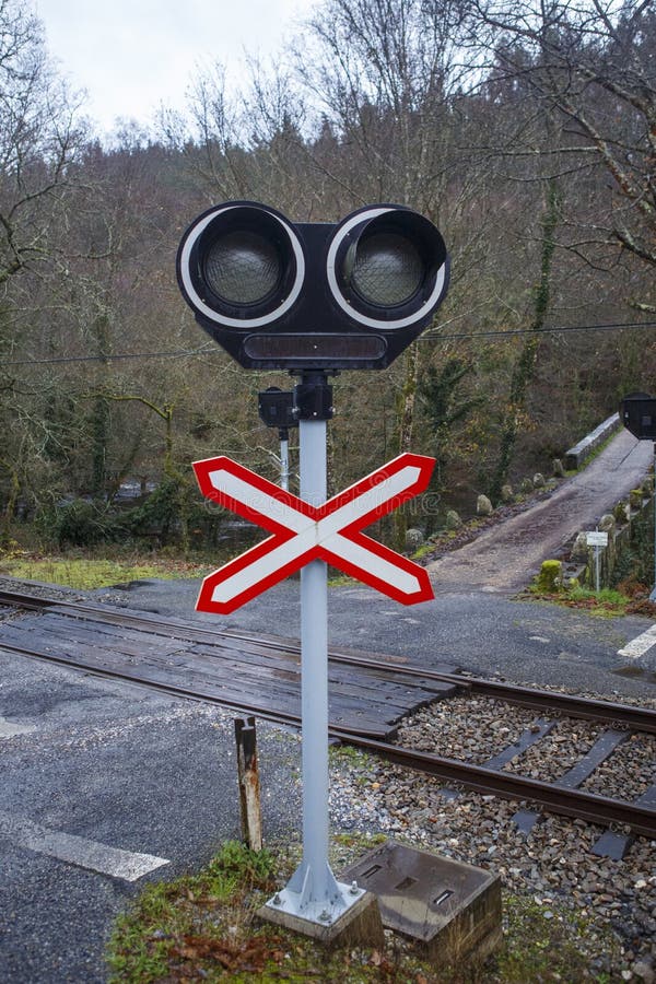 Railway Level Crossing Marked with Traffic Lights and Signs Stock Image ...