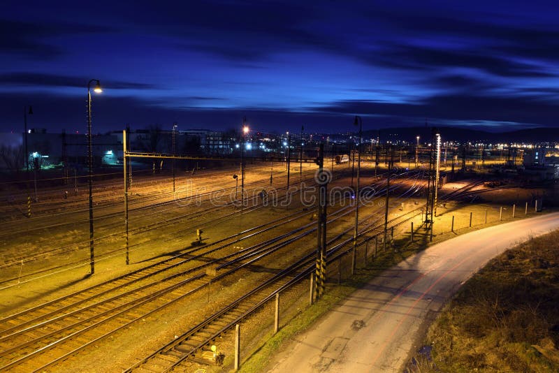 Railway lines at night. stock image. Image of metal, industrial - 18310903