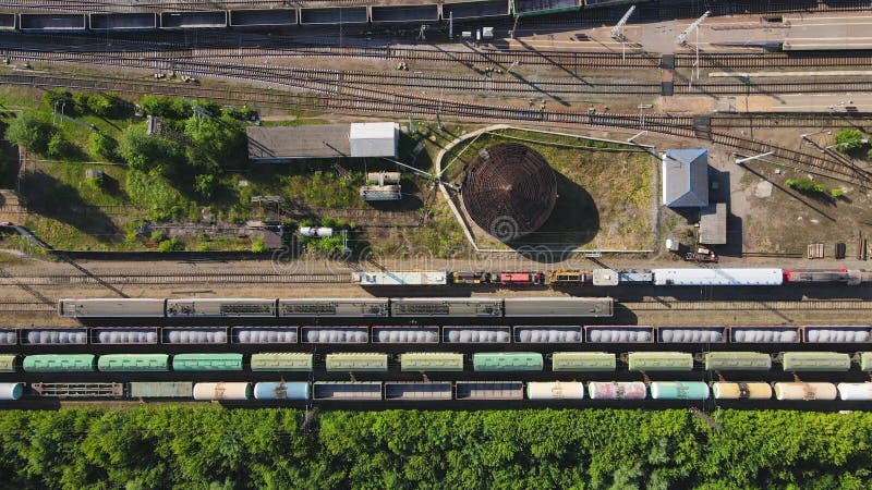 Railway with Moving and Standing in Several Rows of Wagons, Aerial View ...