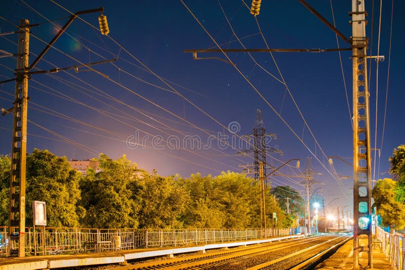 Railway at night stock image. Image of transport, rails - 60476467