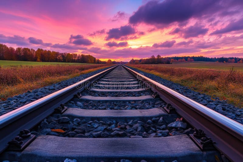 Railway Path with a Warm Sunset Glow in the Background Stock Photo ...
