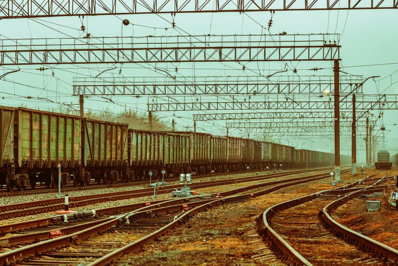 Railway Paths and Freight Trains Stock Photo - Image of industry, green ...