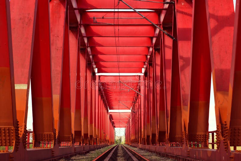 Railway on a Red Metal Bridge Stock Photo - Image of power, steel: 50592026