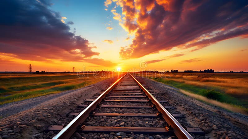 Railway Road Against the Backdrop of Sunset. Transport Industry Stock ...