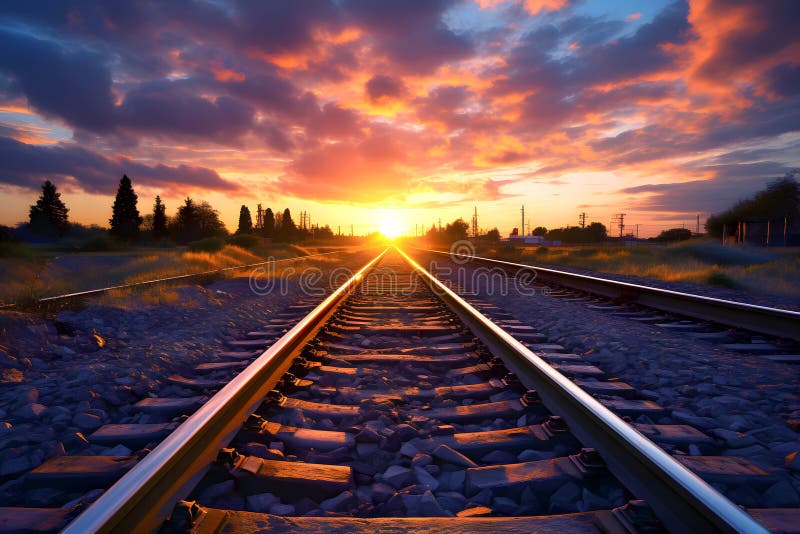 Railway Road Against the Backdrop of Sunset. Transport Industry Stock ...