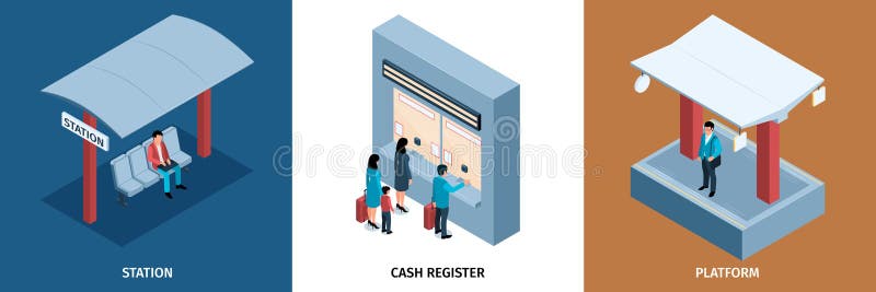 Railway Station Cash Register and Platform Three Colored Square ...