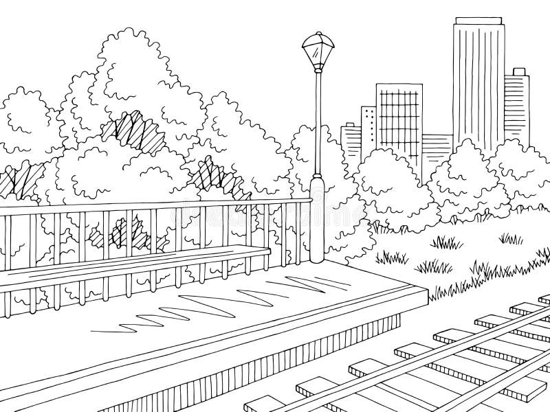 Railway Station Graphic Train Platform Sketch Illustration Vector Stock ...