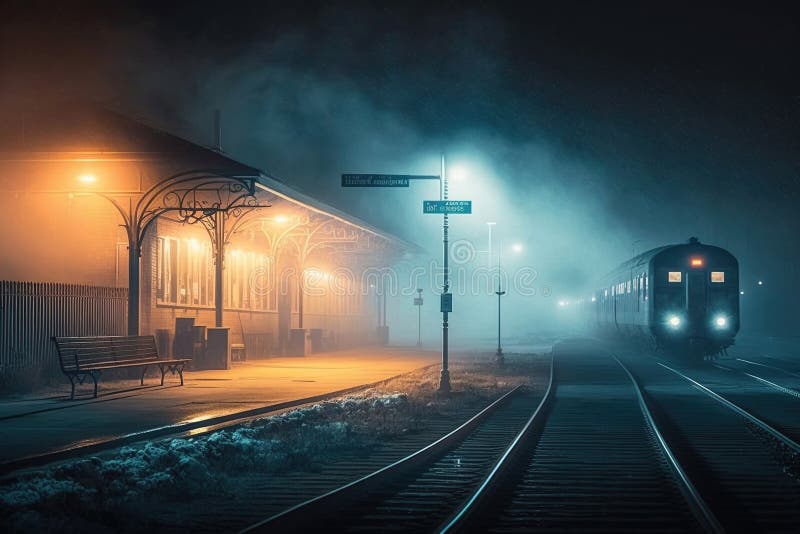 Railway Station At Night With Motion Blur Effect Cargo Train Platform In Fog Stock Illustration