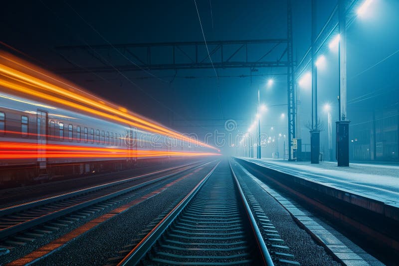 Railway Station at Night with Motion Blur Effect. Platform in Fog Stock ...
