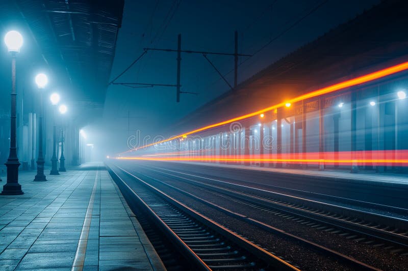 Railway Station at Night with Motion Blur Effect. Platform in Fog Stock ...