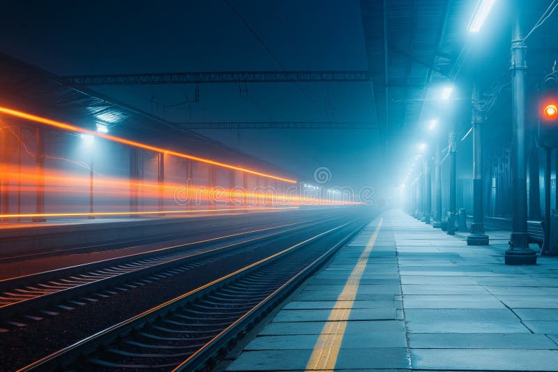 Railway Station at Night with Motion Blur Effect. Platform in Fog Stock ...