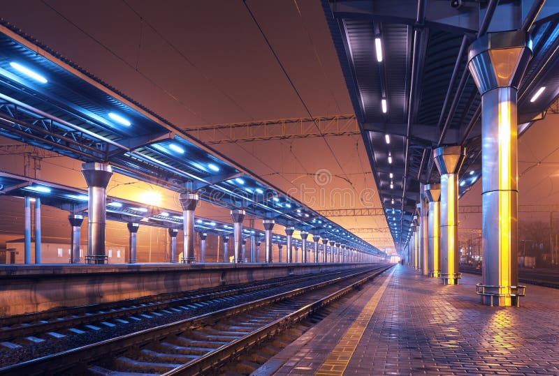 Railway Station at Night. Train Platform in Fog Stock Image - Image of ...