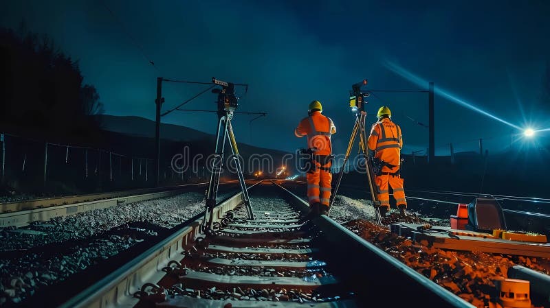 Railway Station at Night, Workers Work on the Railway Tracks ...