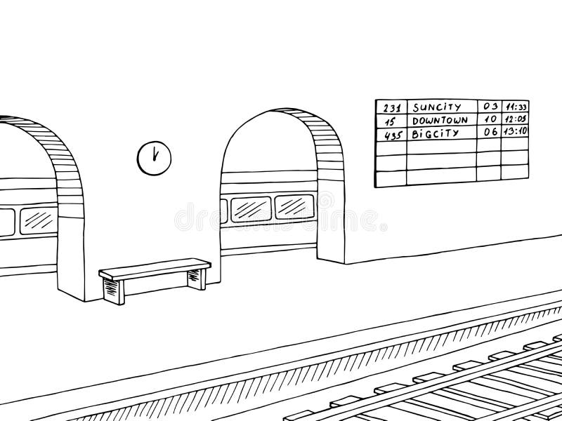 Railway Station Platform Train Graphic Black White Sketch Illustration ...