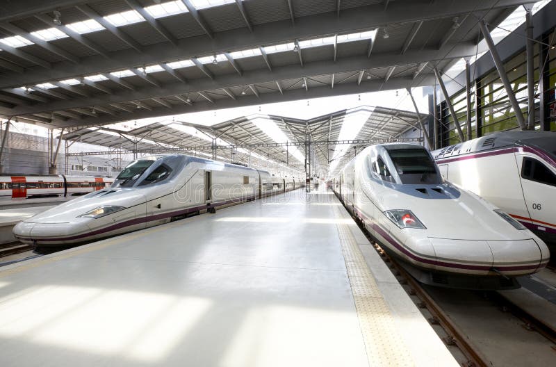 Railway Station Platforms with 3 High-speed Trains Stock Image - Image ...