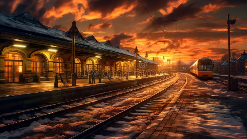 Railway Station during Sunset. Generative AI Stock Illustration ...
