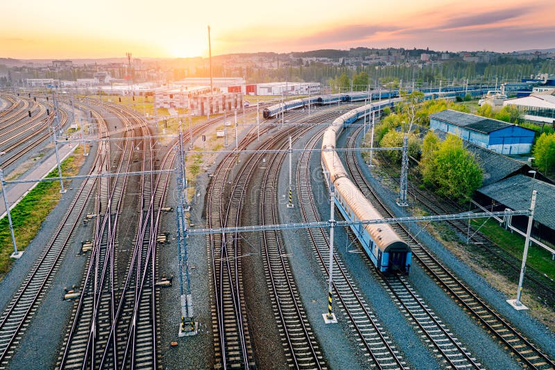 Railway Station with Wagons during Sunrise from Above. Reconstructed ...