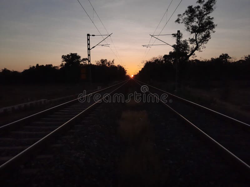 Railway in sunset. stock image. Image of lane, tracks - 302604039